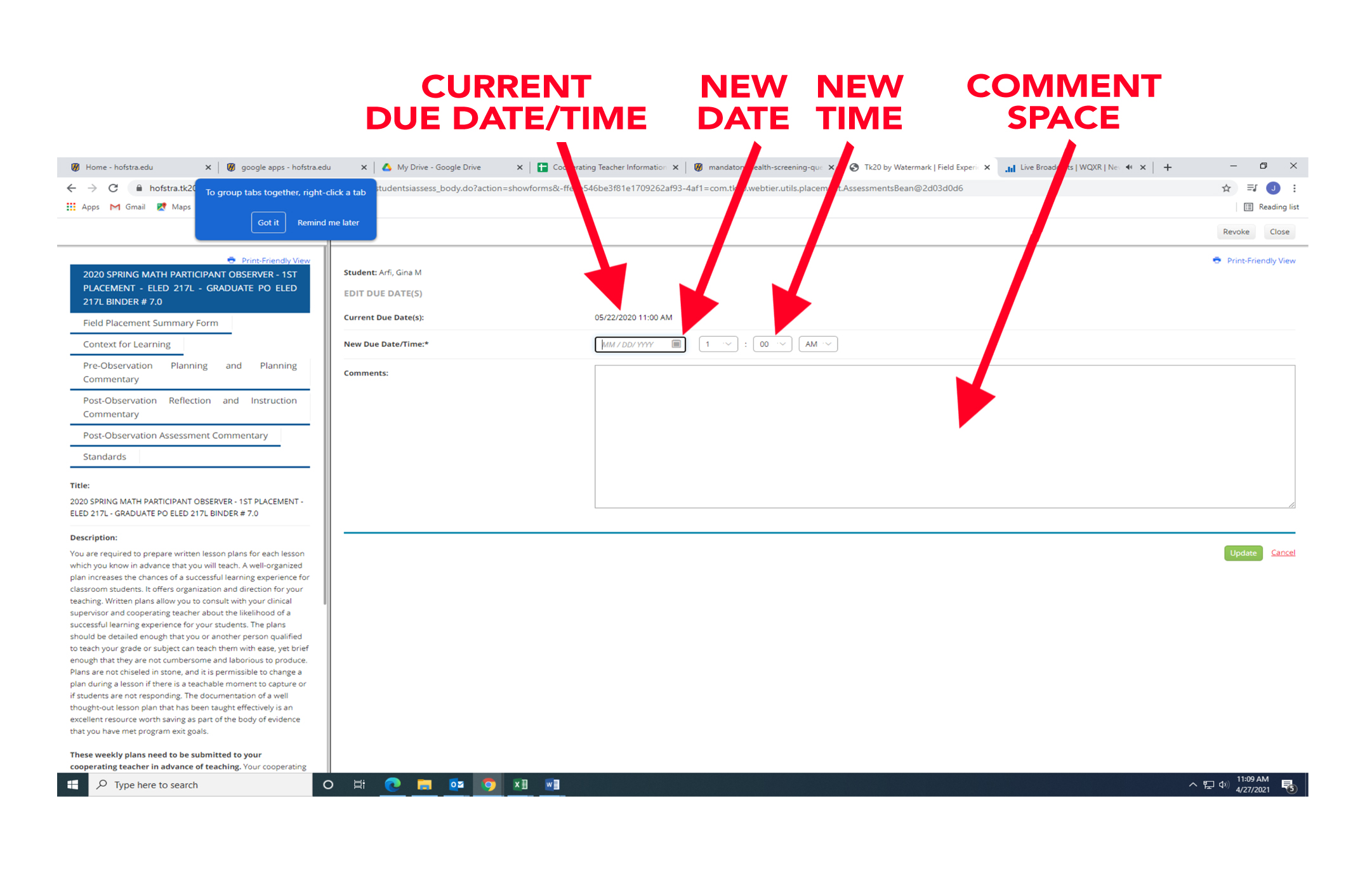 TK20 – How to Grant an Extension for a Field Placement Binder | Hofstra University